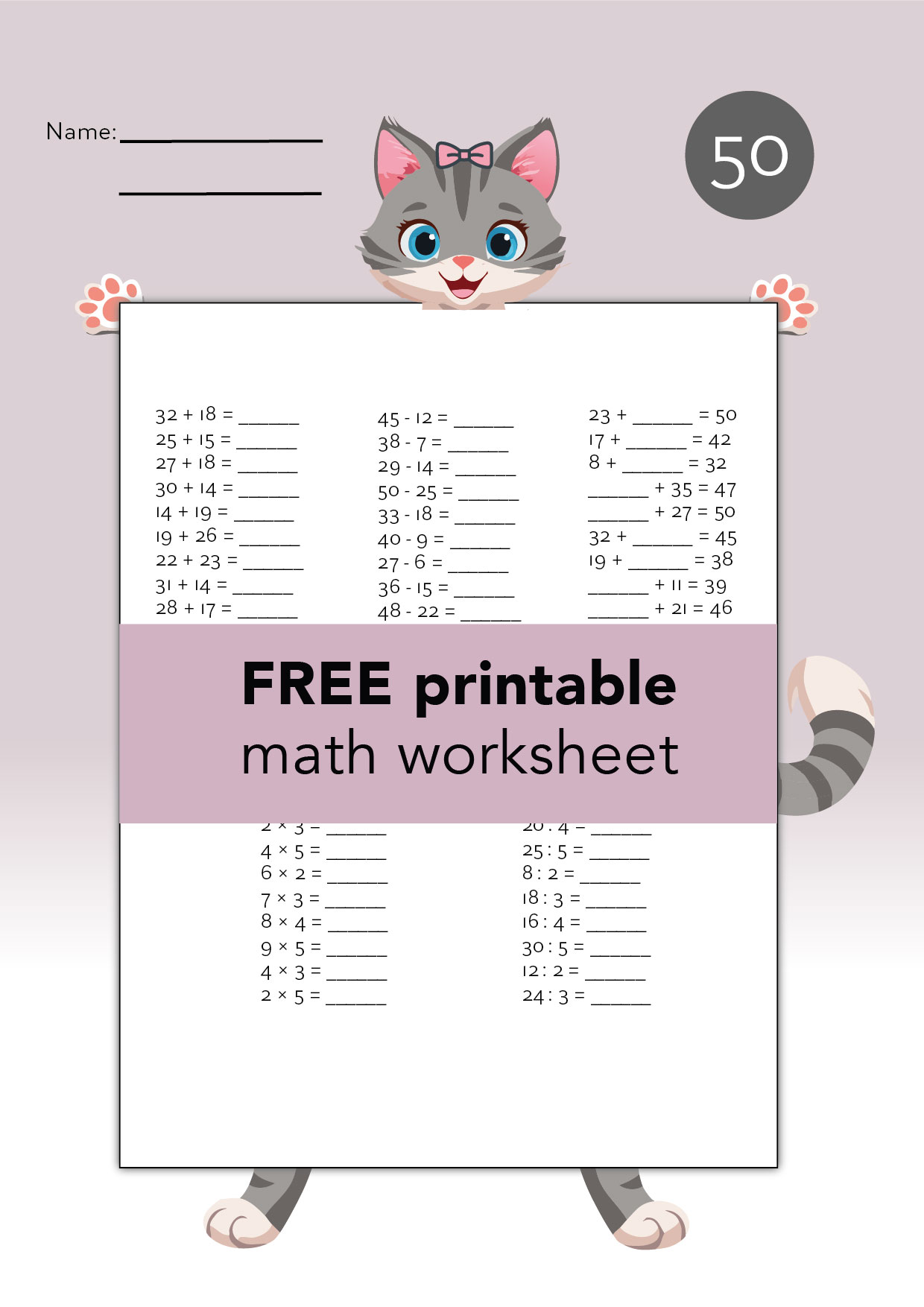 Cat-Themed Worksheet for Practicing Math in the Range of 50 - Tanvarázs