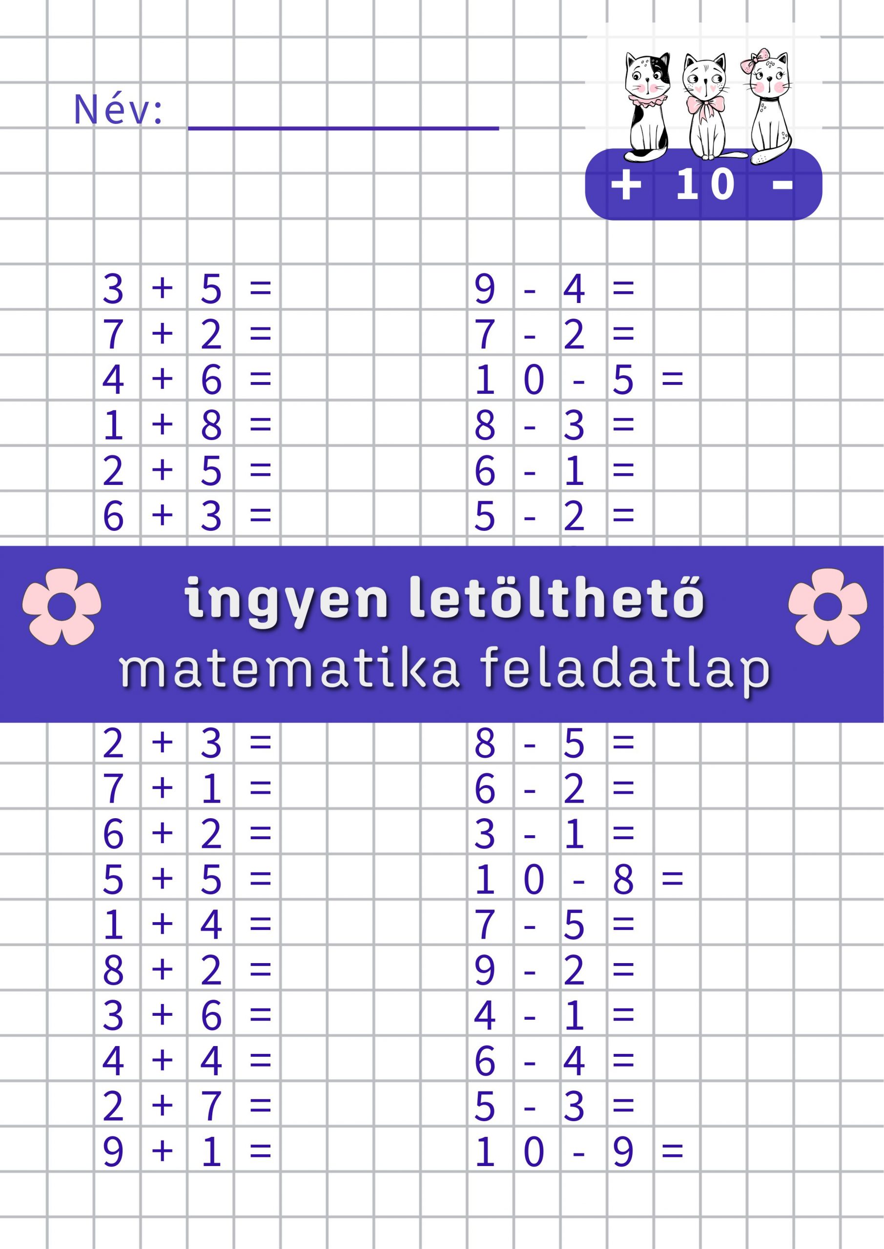 Macskás matematika feladatlap elsősöknek – összeadás és kivonás gyakorlása 10-es számkörben ...