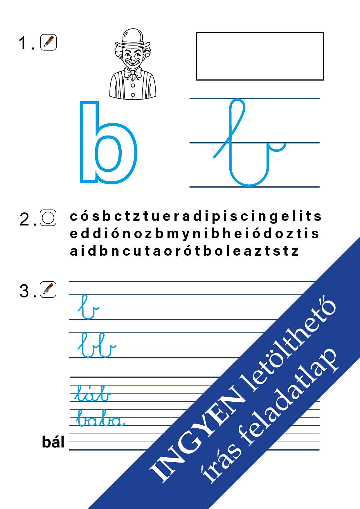 Színezhető feladatlap a „b” betű írásának gyakorlásához – játékos ...