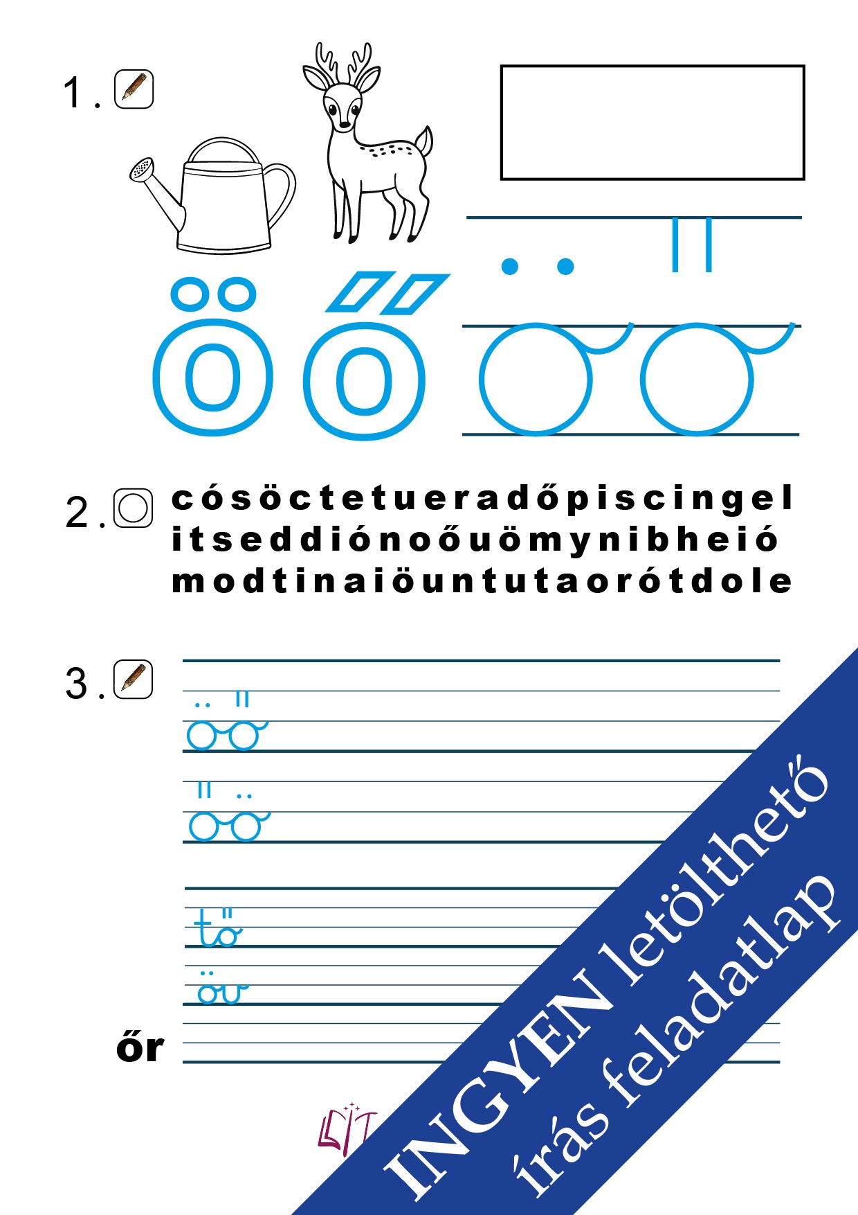 Színezhető feladatlap az „ö, ő” betűk írásának gyakorlásához – játékos ...