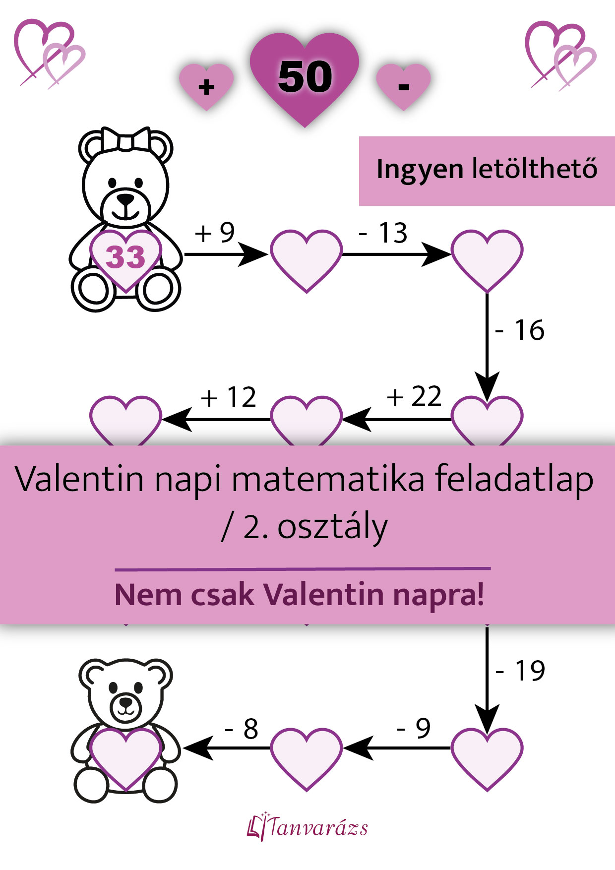 Valentin-napi színezhető matematika feladatlap másodikosoknak - Játékos összeadás és kivonás 50 ...